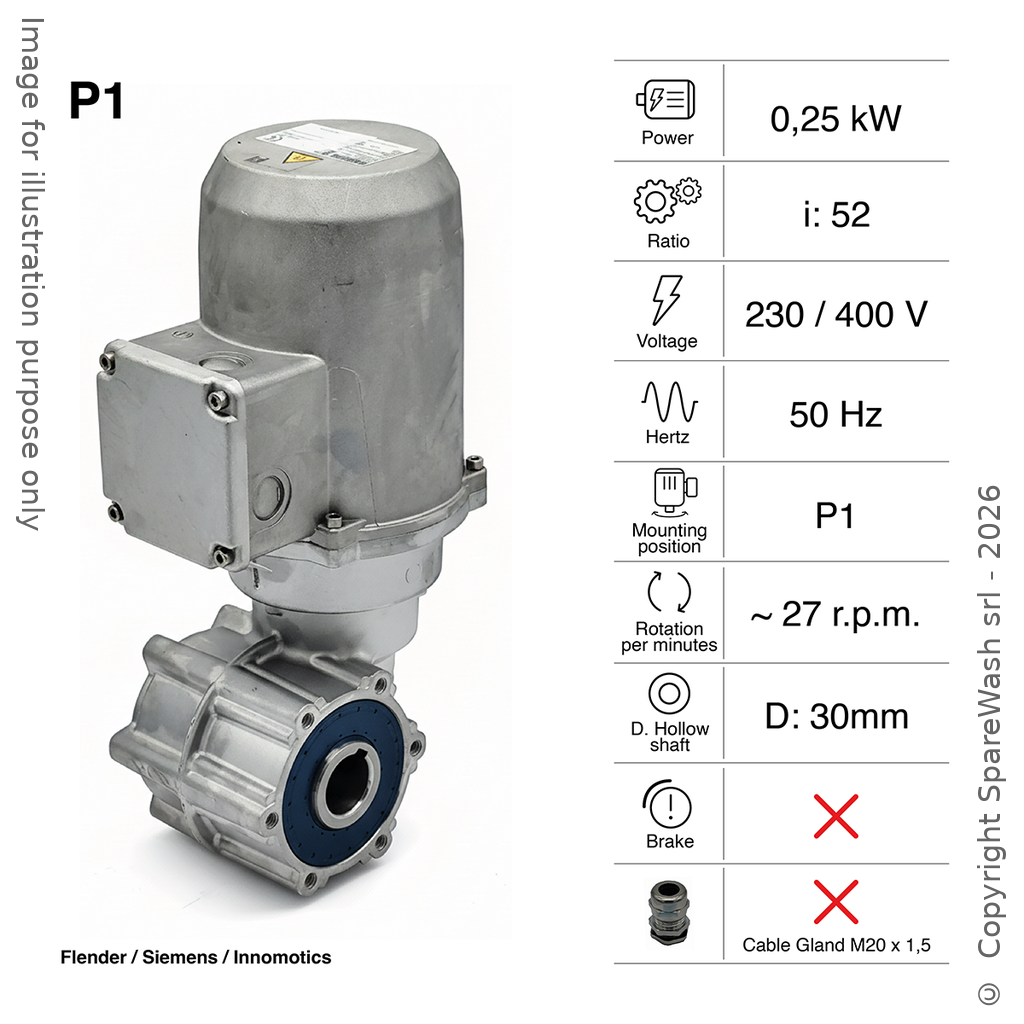 MOTORIDUTTORE FLENDER 0,25KW I:52 27,3RPM 230-400V 50HZ | Sparewash